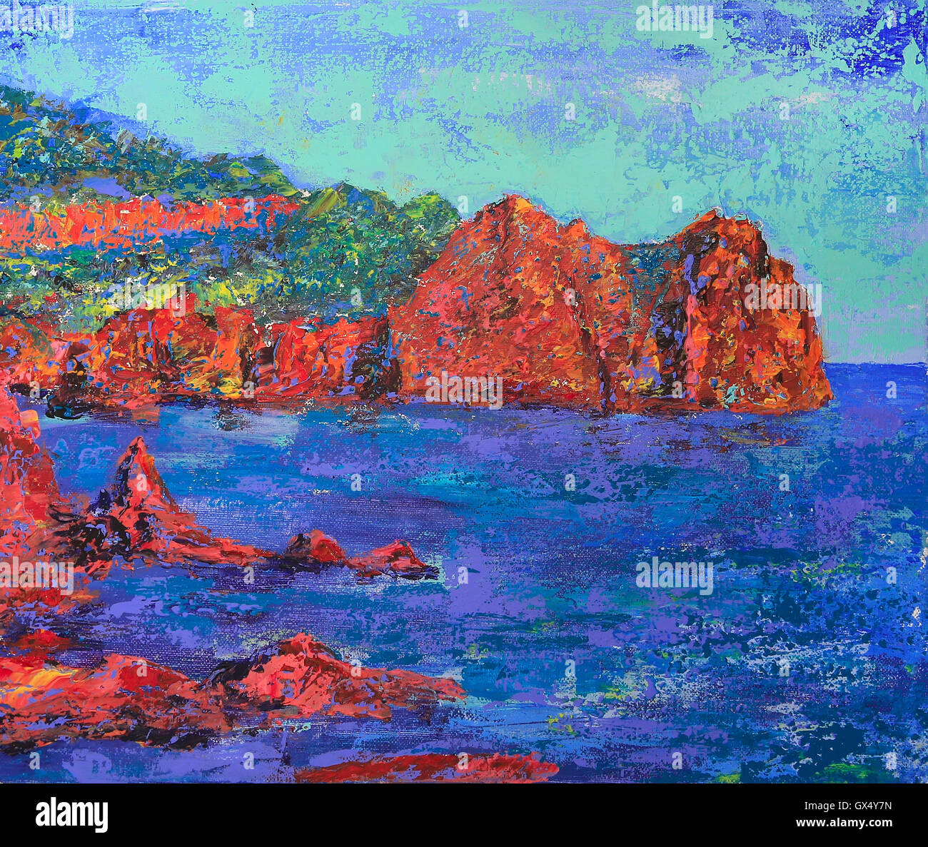 Esterel mediterranean red rocks coast painting Stock Photo - Alamy