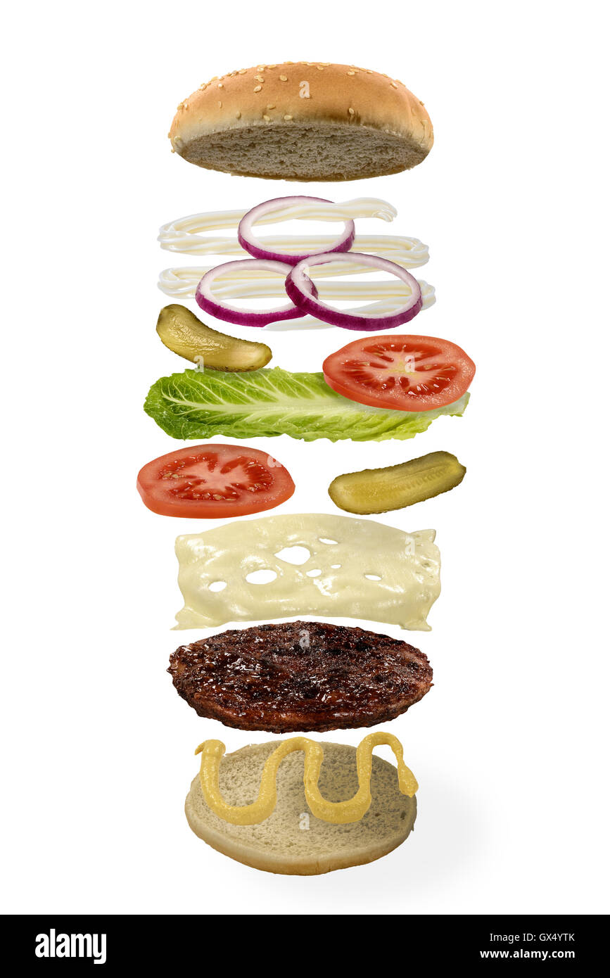 Ingredients fixings makings of hamburger cheeseburger sandwich Stock ...