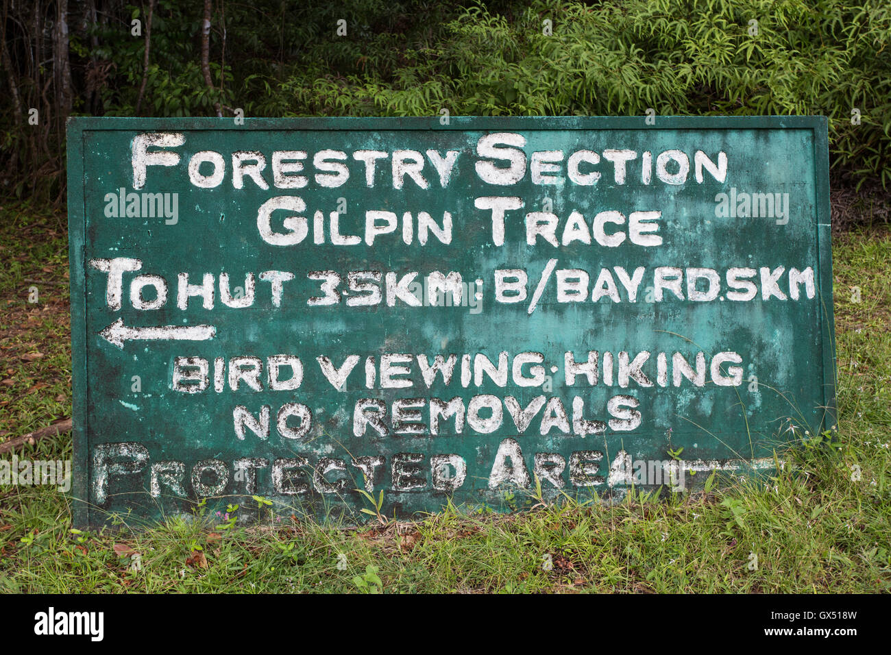 sign for the Gilpin Trace walk through rainforest on Tobgago, Caribbean ...