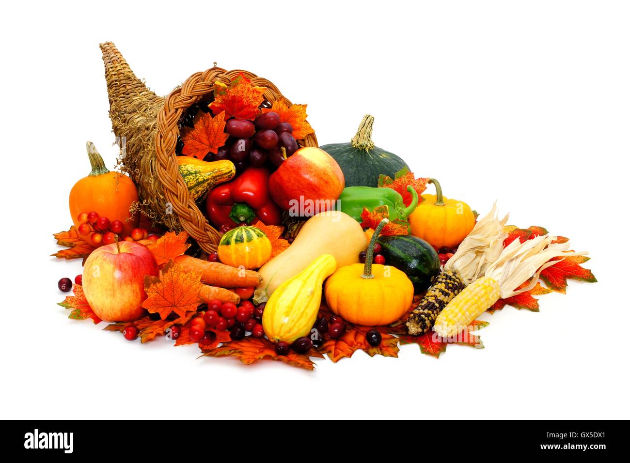 Thanksgiving cornucopia filled with fresh harvest vegetables isolated ...