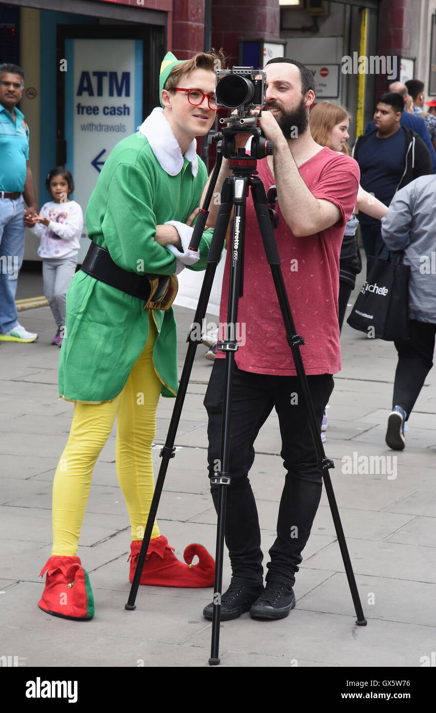 McFly's Tom Fletcher, dressed as an Elf, filming in Oxford Street ...