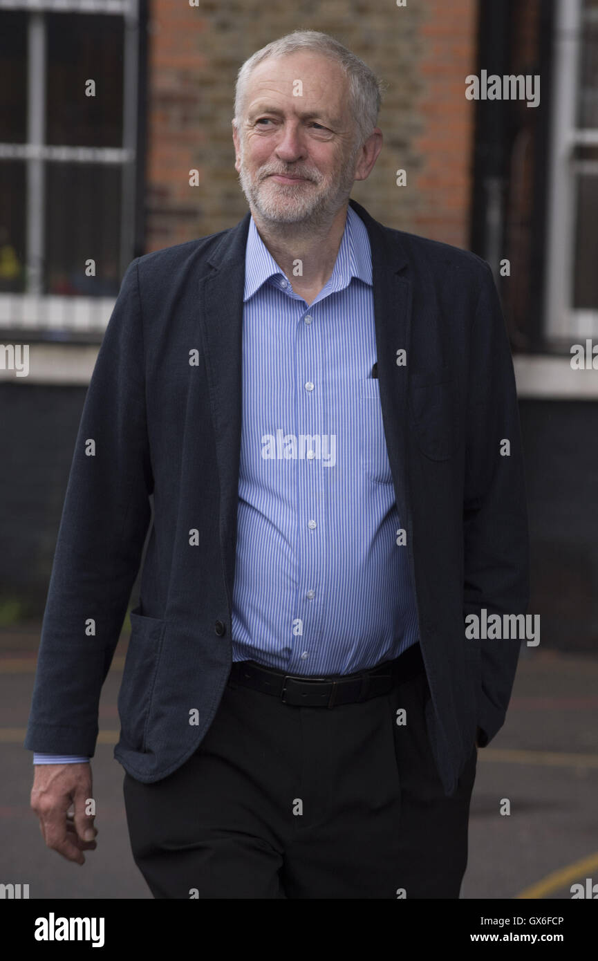 Labour leader Jeremy Corbyn leaves his house to cast his vote in the EU ...