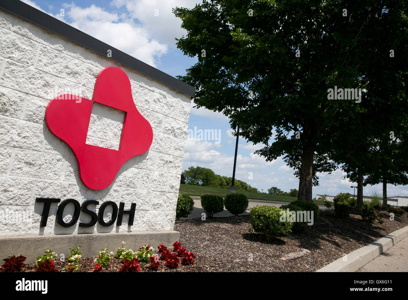A logo sign outside of a facility occupied by the Tosoh Corporation in ...