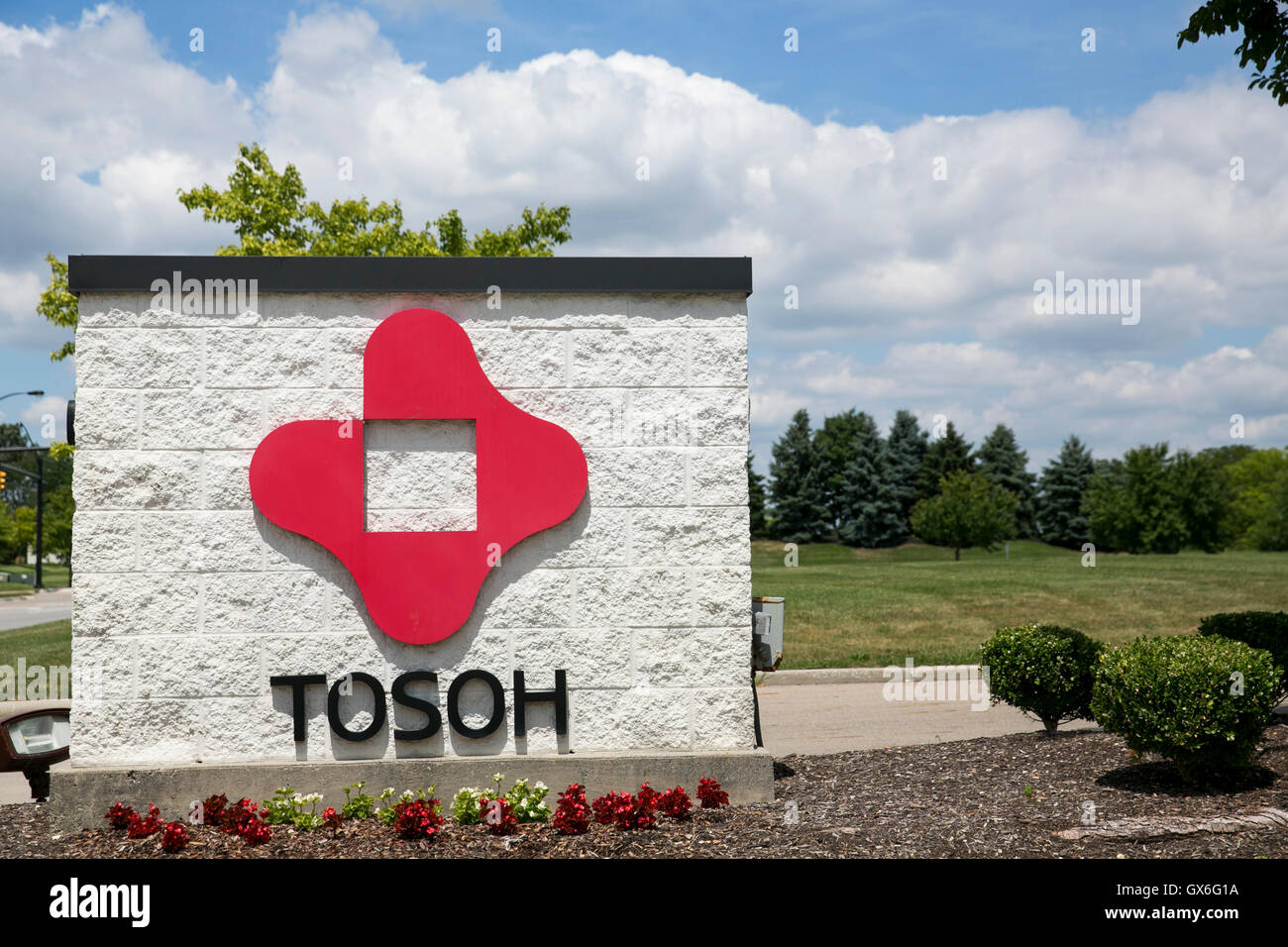 A logo sign outside of a facility occupied by the Tosoh Corporation in ...