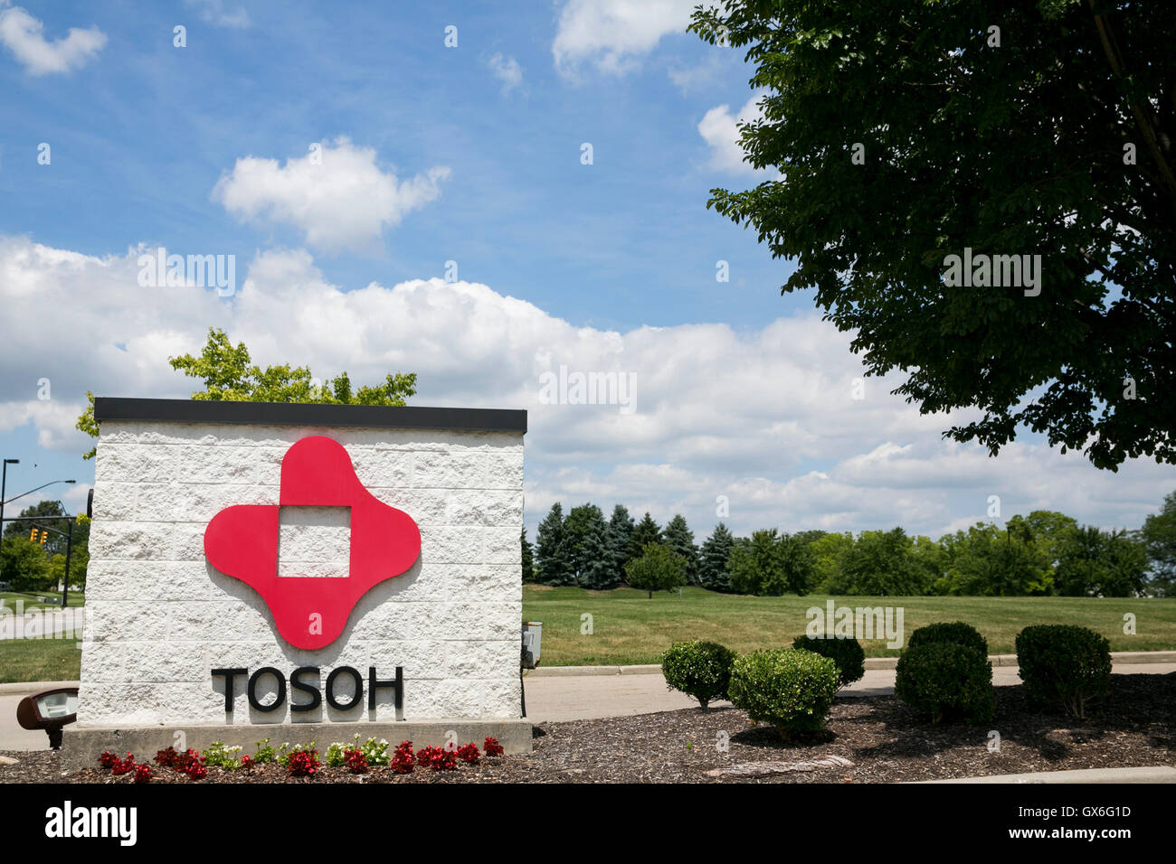A logo sign outside of a facility occupied by the Tosoh Corporation in ...