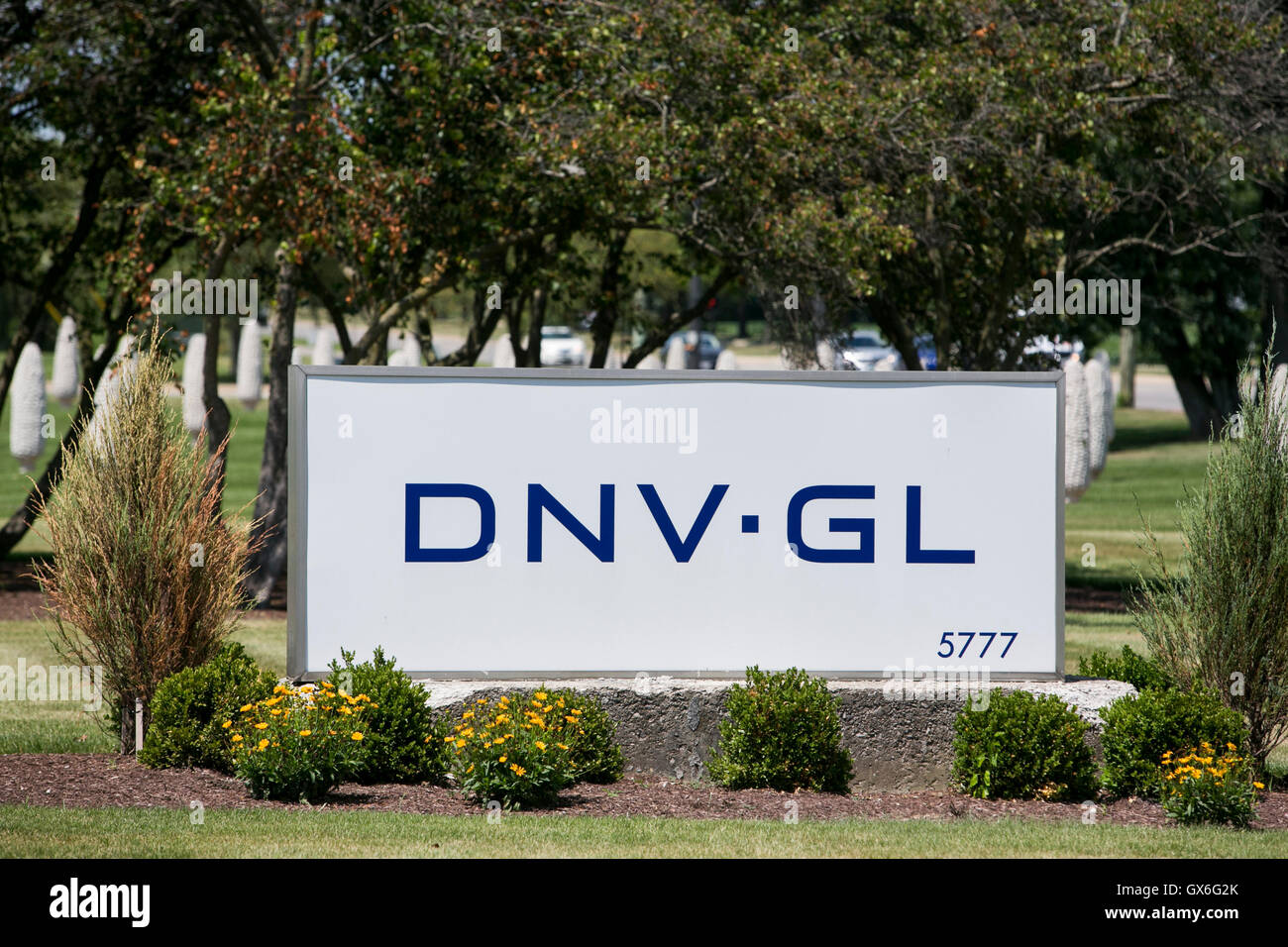 A logo sign outside of a facility occupied by DNV GL in Dublin, Ohio on ...