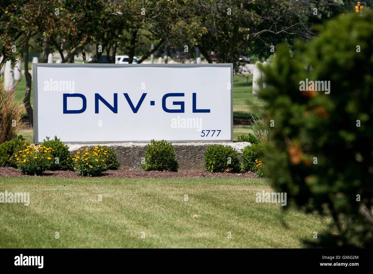 A logo sign outside of a facility occupied by DNV GL in Dublin, Ohio on ...