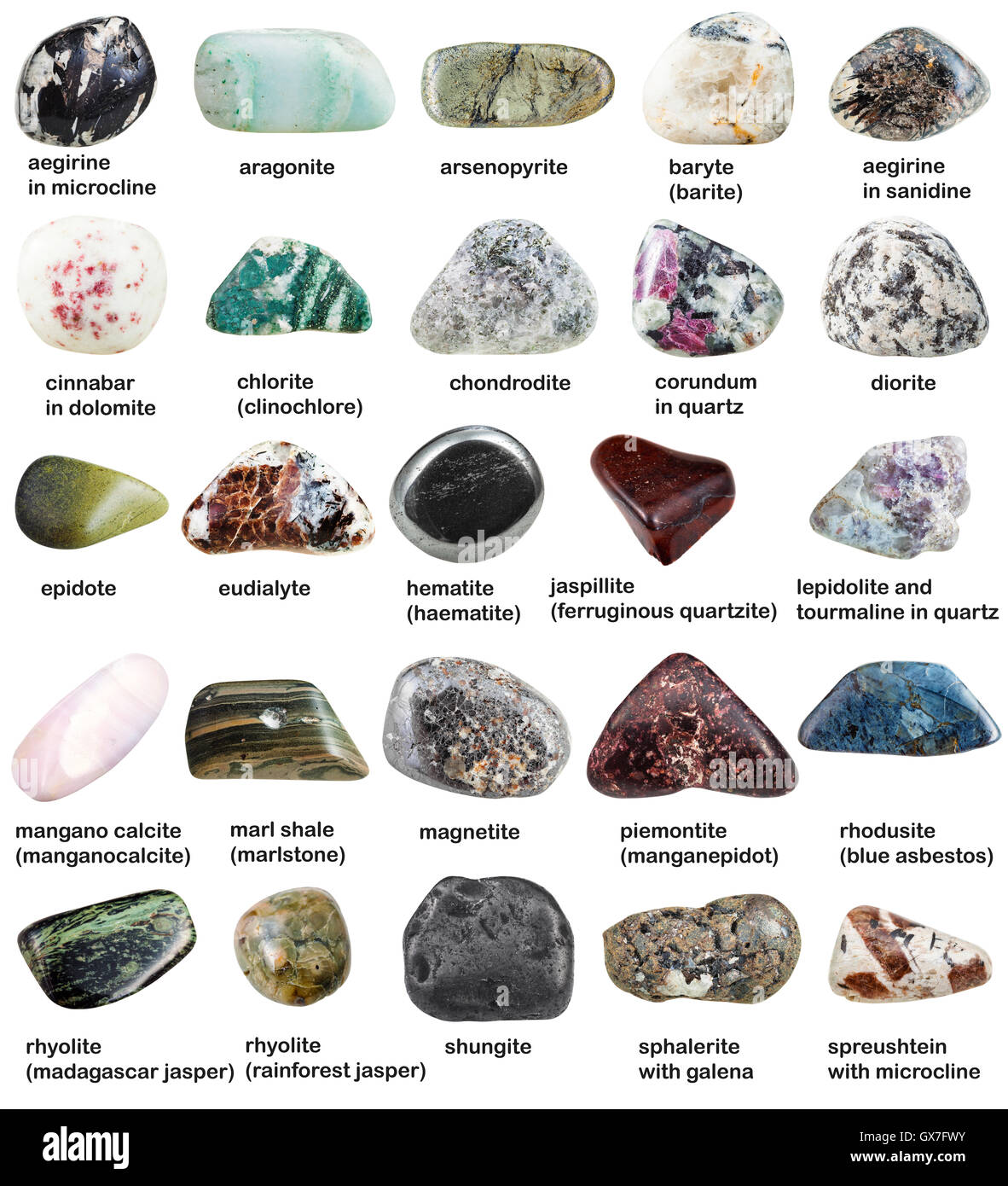 various tumbled minerals with names isolated on white background Stock ...