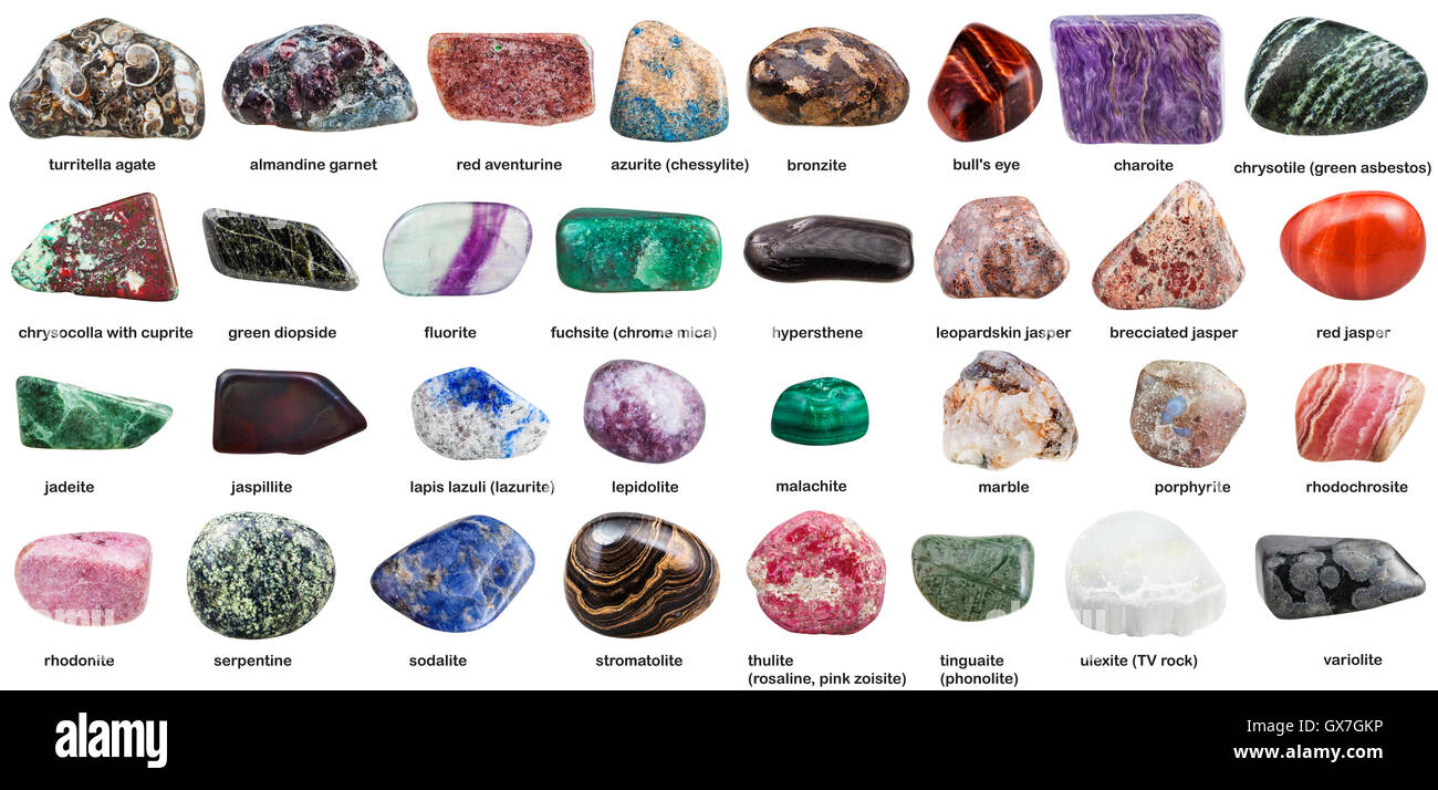 various tumbled ornamental stones with names isolated on white ...