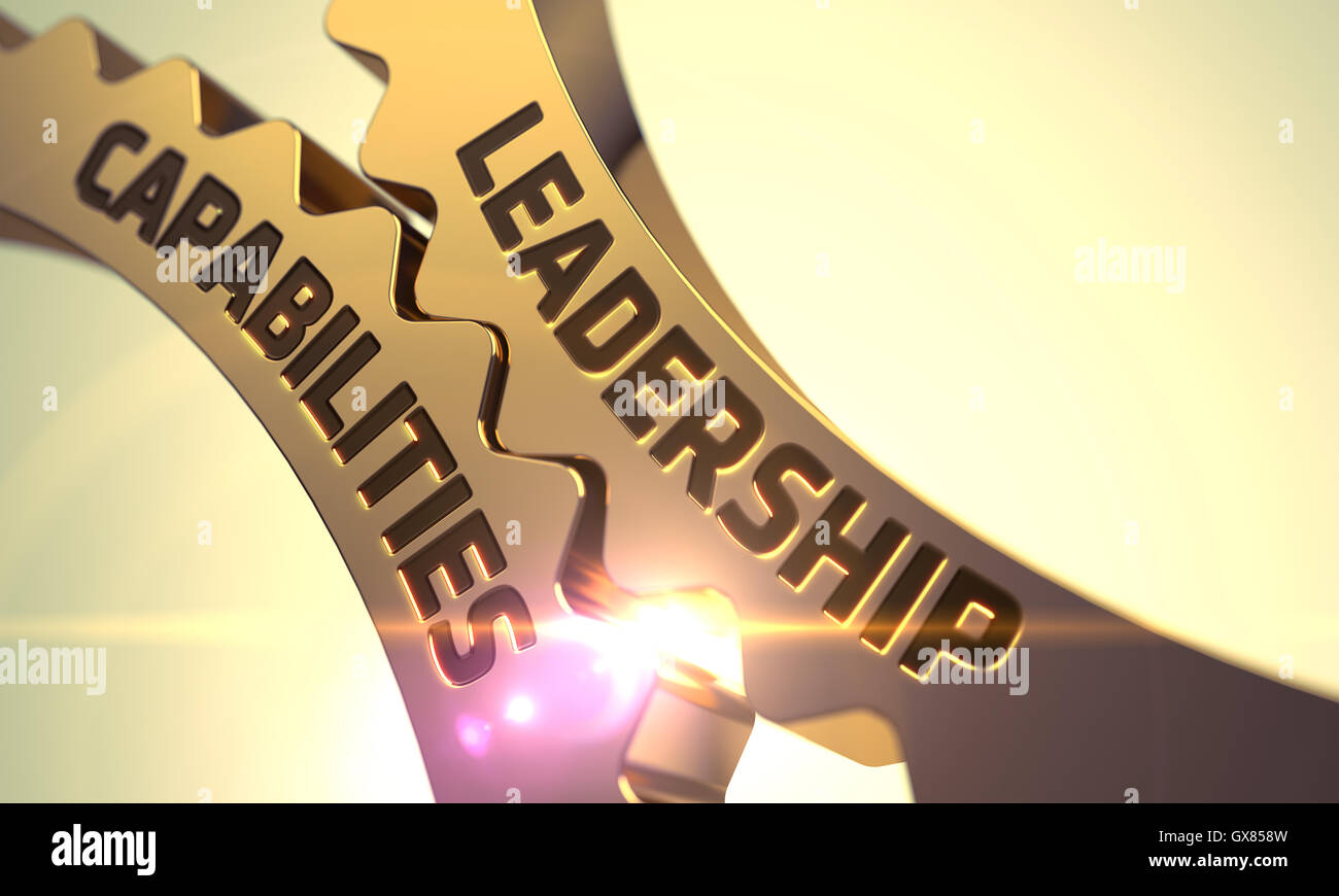 Leadership Capabilities Concept. Golden Metallic Cog Gears. 3D Stock ...