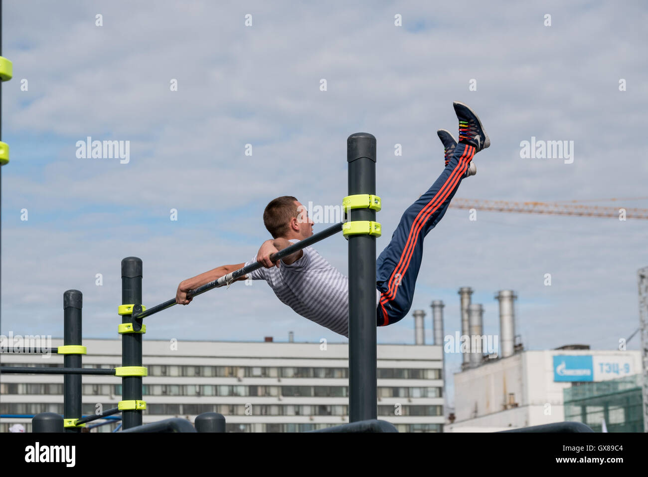 Moscow, Russia - September 10, 2016: Young man practice street workout ...
