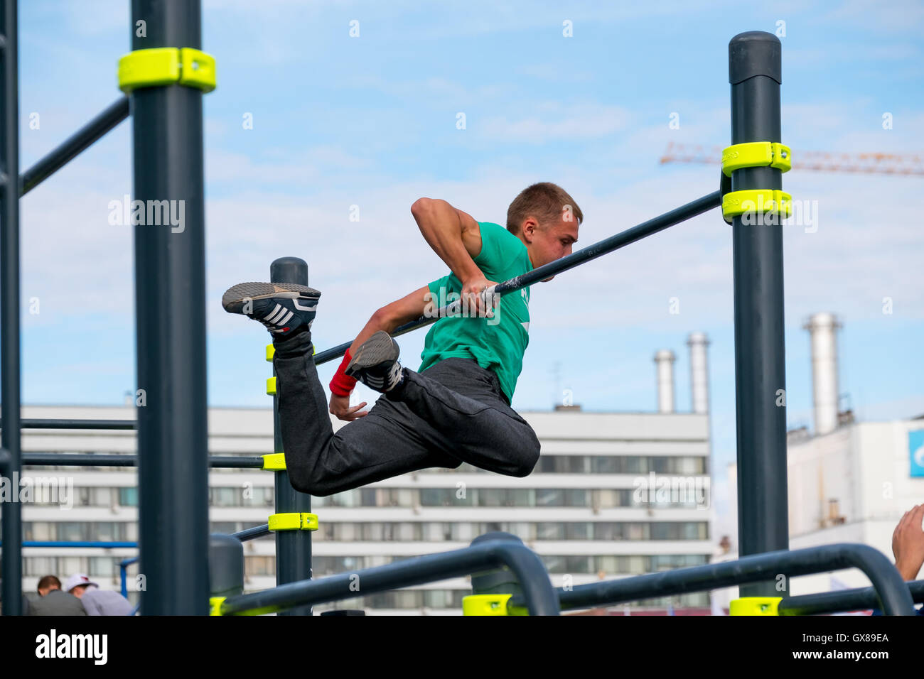 Moscow, Russia - September 10, 2016: Young man practice street workout ...