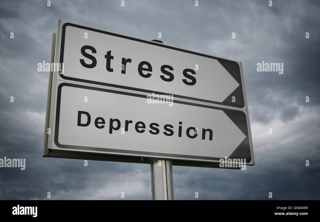 Stress Depression road sign on background of dark clouds Stock Photo ...
