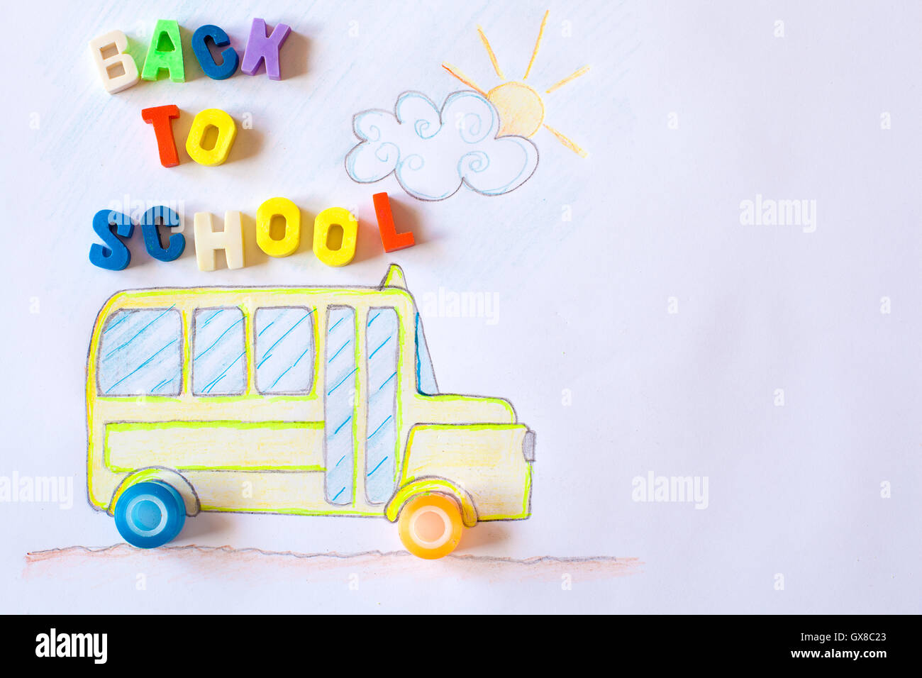 School bus draw on white paper Stock Photo - Alamy