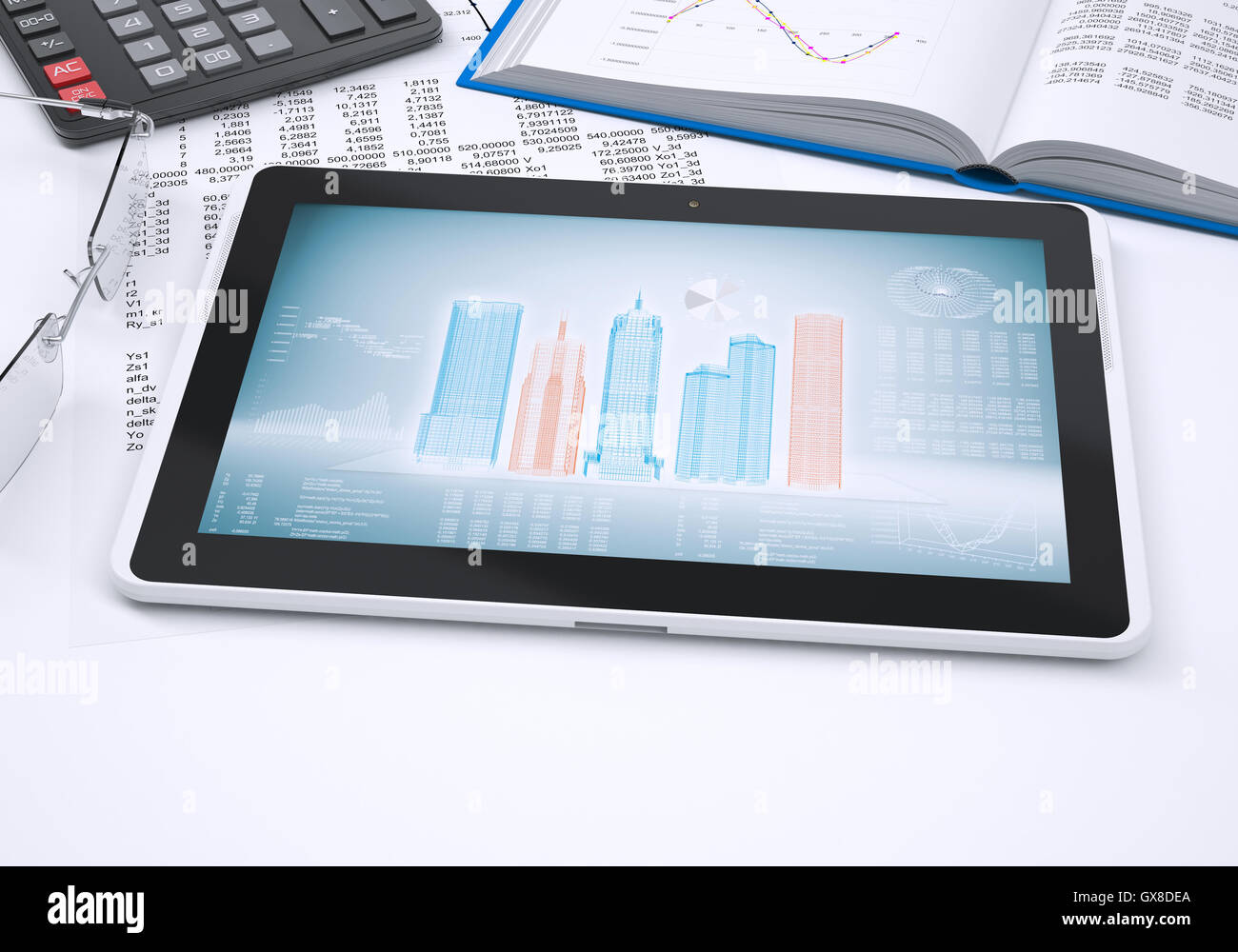 The book, calculator, paper and tablet computer Stock Photo - Alamy