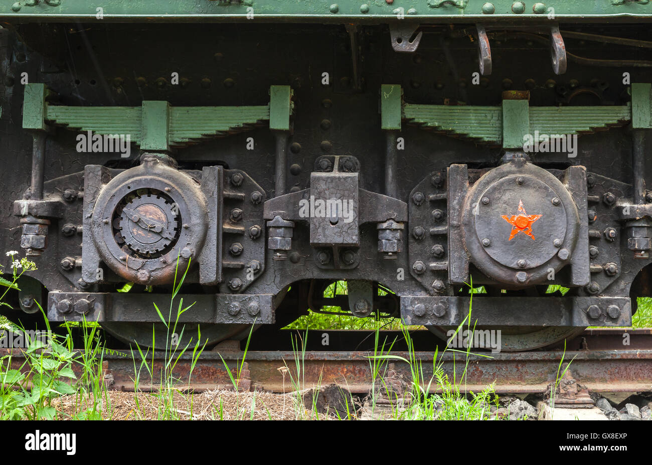 Black wheels of railway gun system. Soviet railroad artillery system ...