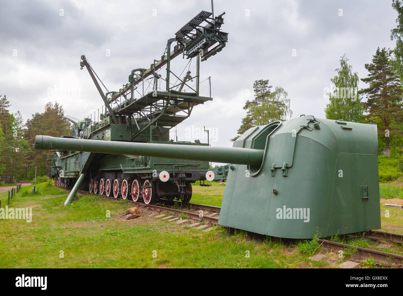Historical monument in fort Krasnaya Gorka, Russia. Soviet 305-mm ...
