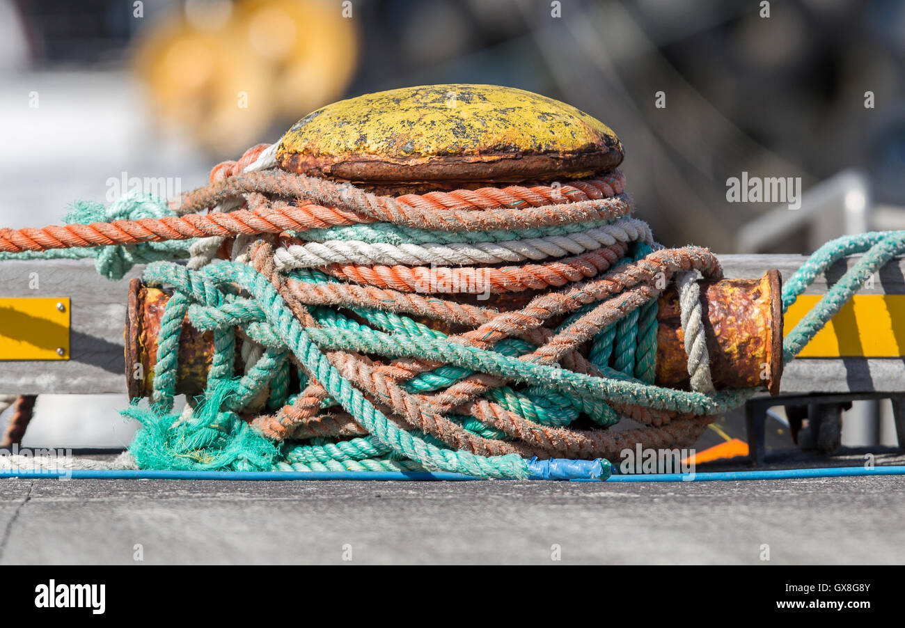 Metal bollard, many ropes on a dock Stock Photo - Alamy