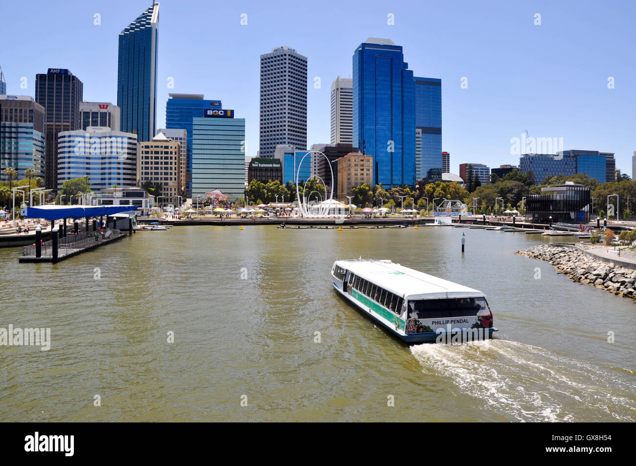 Ferry transport on the Swan River with the modern Perth cityscape and ...