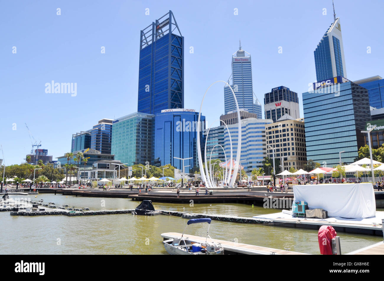 Modern skyscrapers and urban waterfront shelters hi-res stock ...