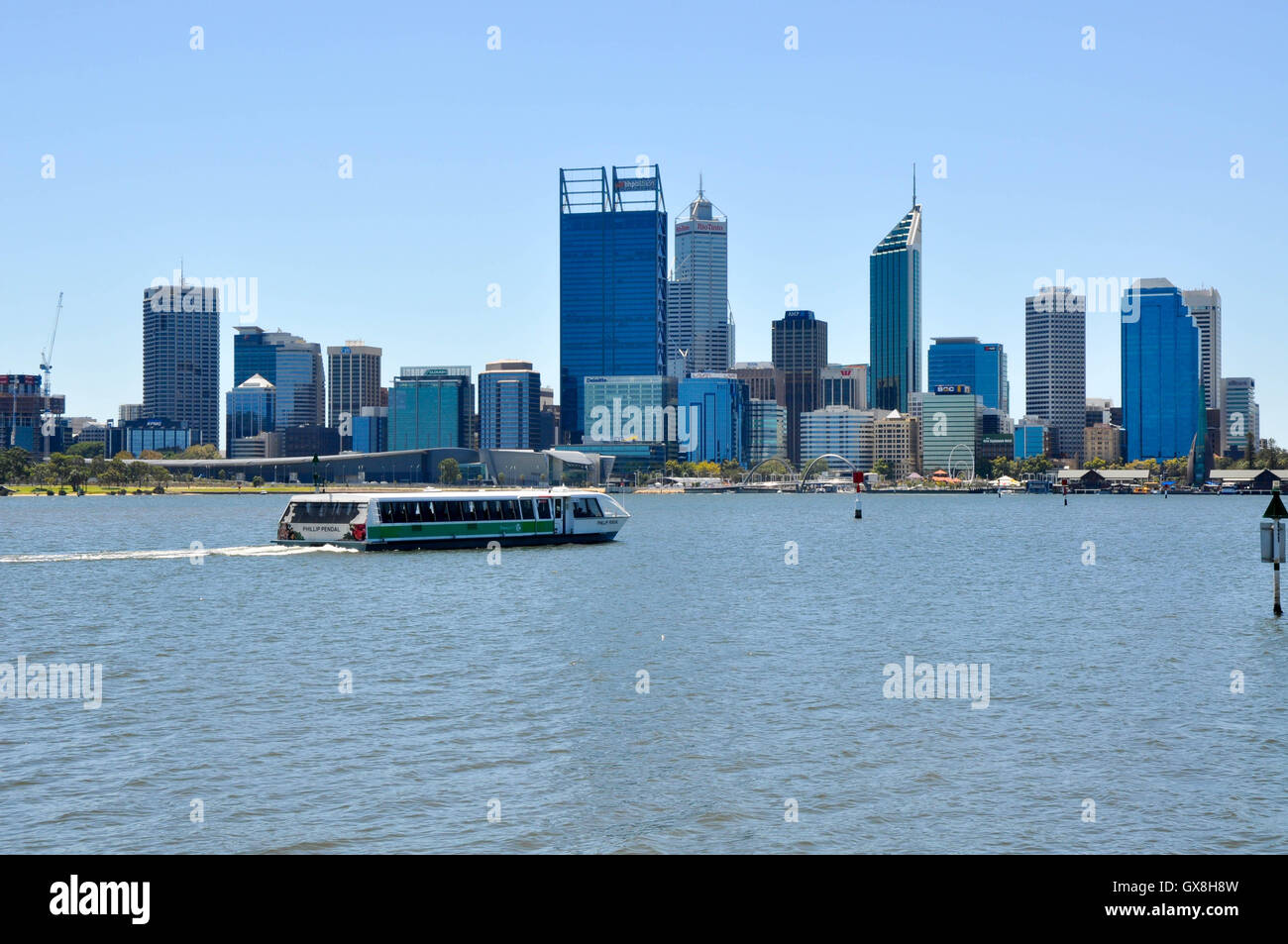 Ferry transport on the Swan River with the modern Perth cityscape and ...