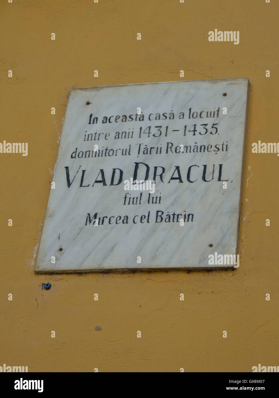 Dracula sign marking his birthplace in the medieval city of Sighisoara ...