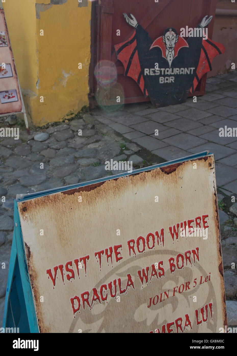 Dracula sign in his birthplace in the medieval city of Sighisoara ...