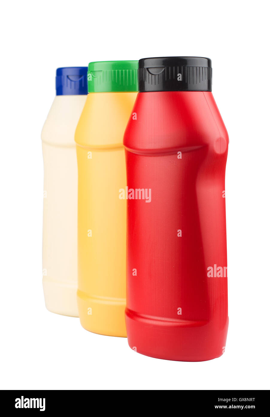 Side view of ketchup, mayonnaise and mustard blank plastic bottles on ...