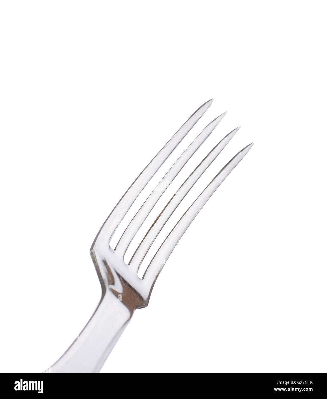Perspective view of a metallic fork with long teeth isolated on white ...