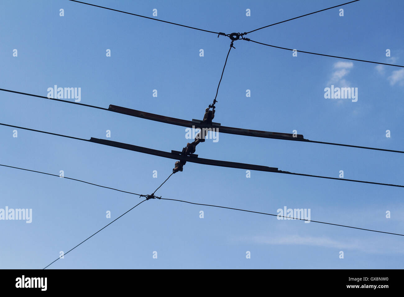 Horizontal photo of electric junction lines of trolley buses in ...