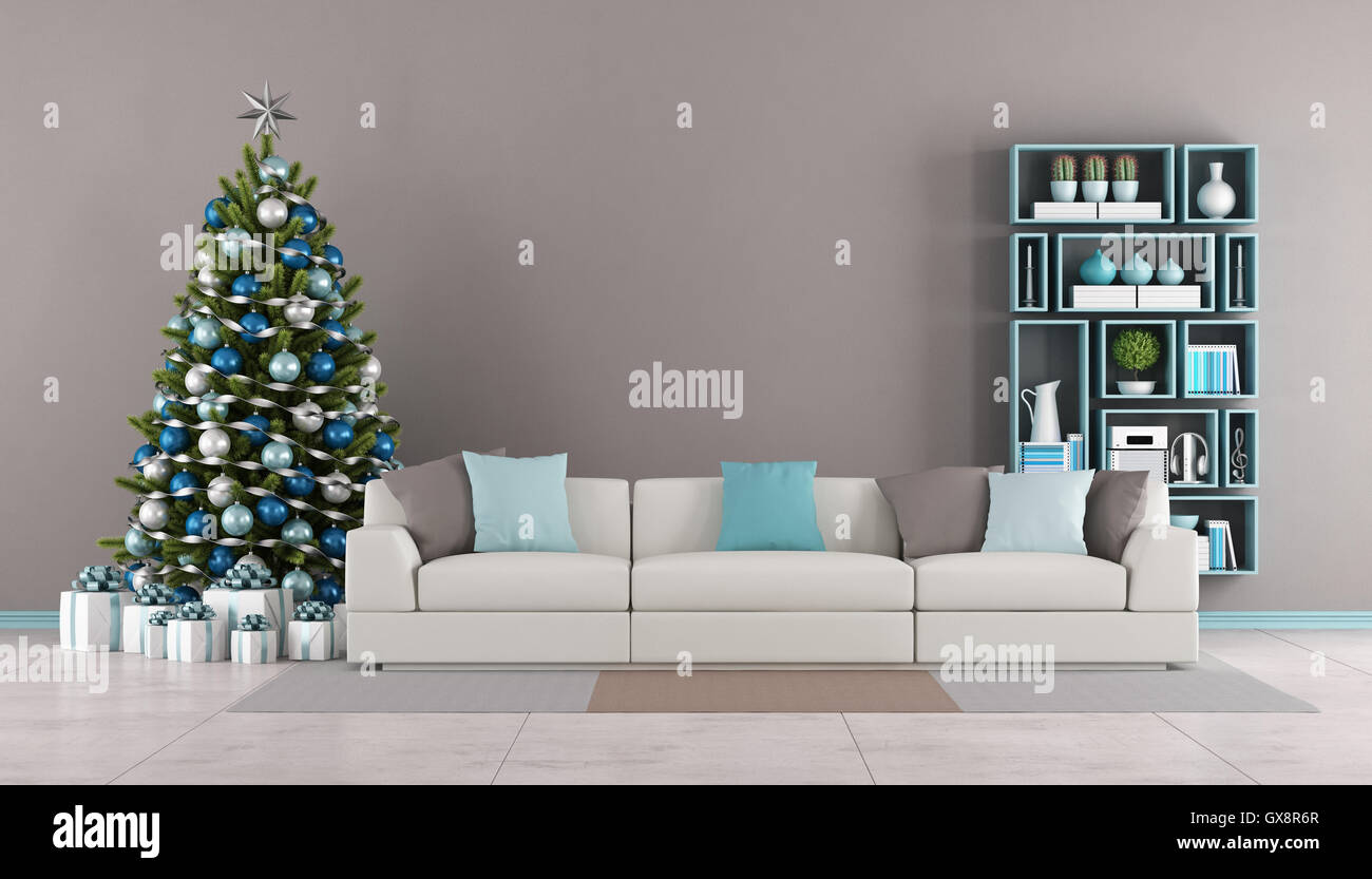 Contemporary living room christmas tree sofa bookcase gift hi-res stock ...