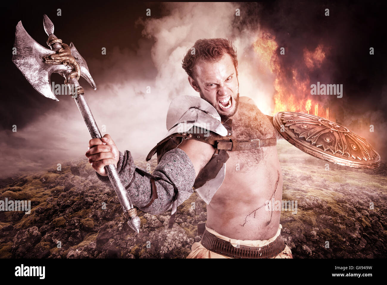 Ancient warrior or Gladiator fighting in a burned forest Stock Photo ...