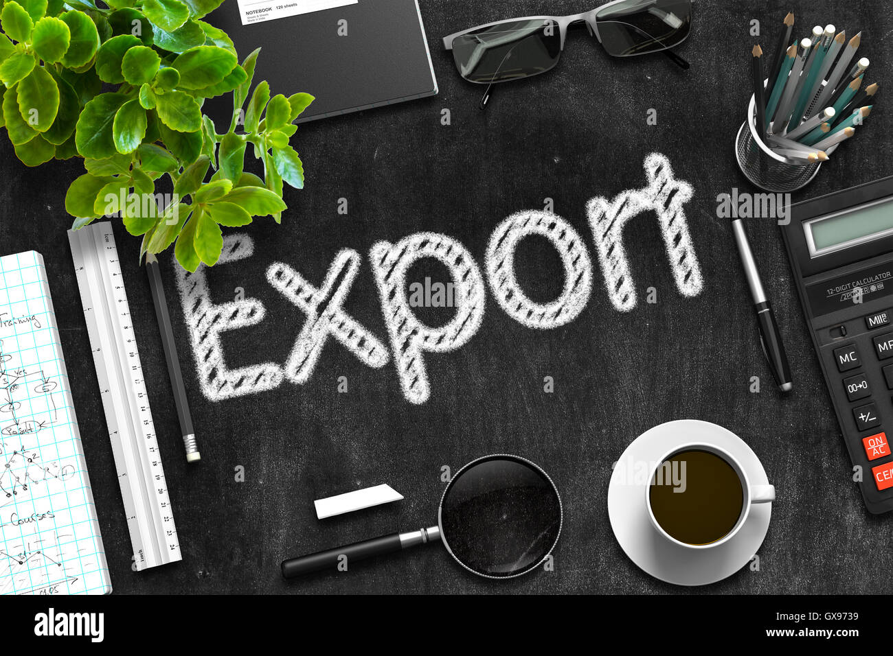 Export - Text on Black Chalkboard. 3D Rendering Stock Photo - Alamy
