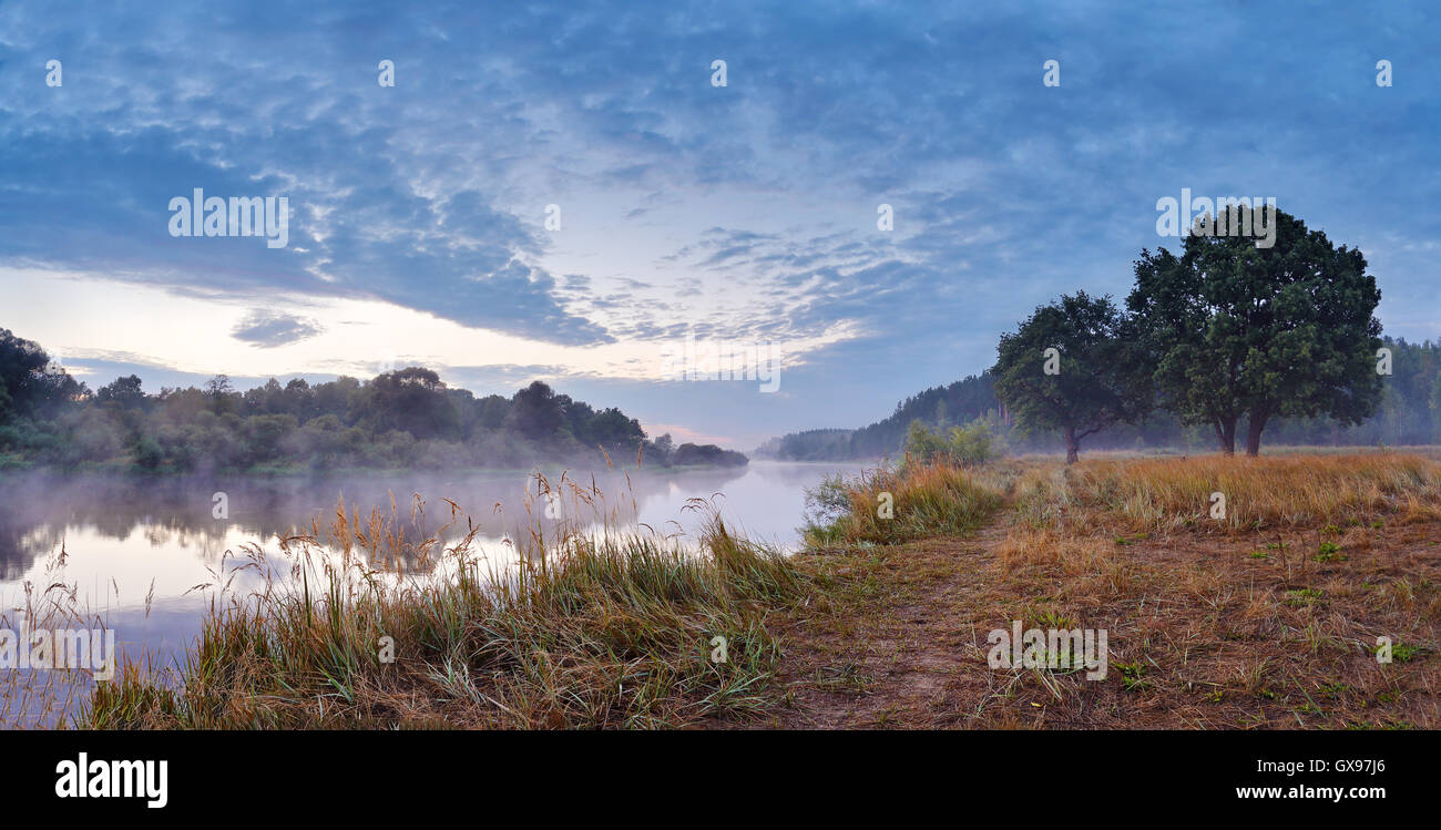 Foggy river in the autumn morning. Panorama Stock Photo - Alamy