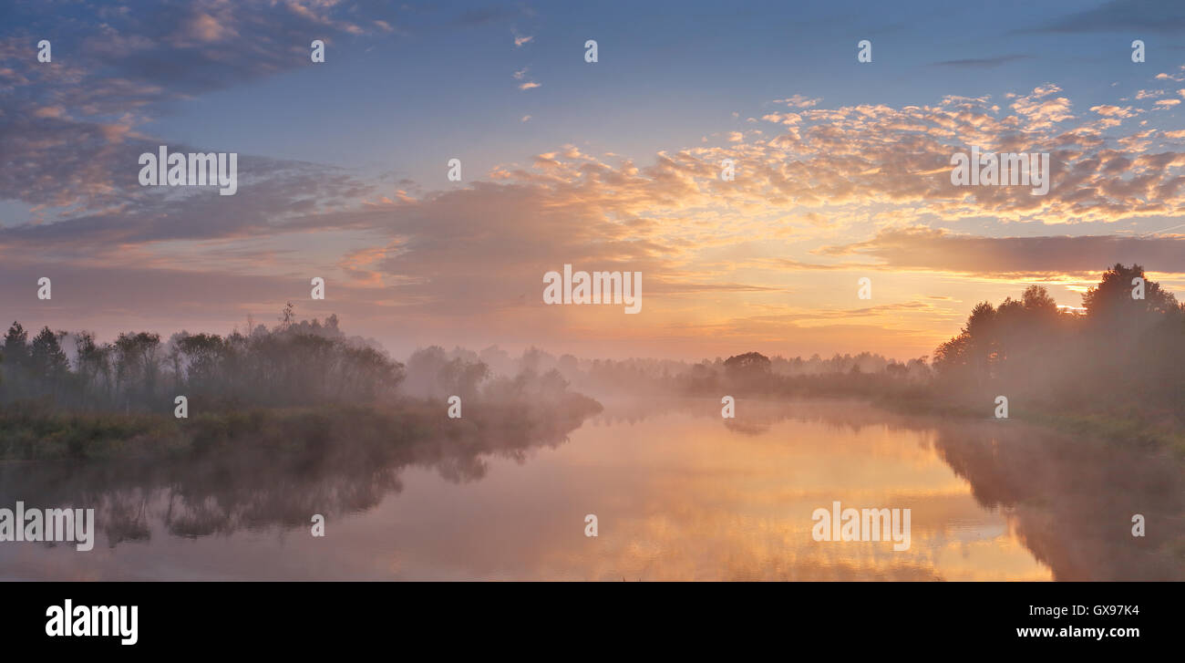 Foggy river in the autumn morning. Panorama Stock Photo - Alamy