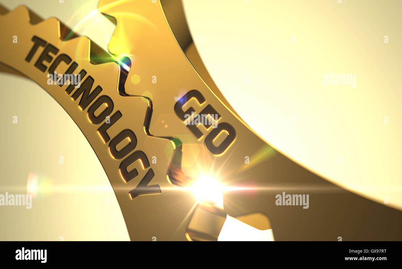 Geo Technology on the Golden Metallic Cog Gears. 3D Stock Photo - Alamy