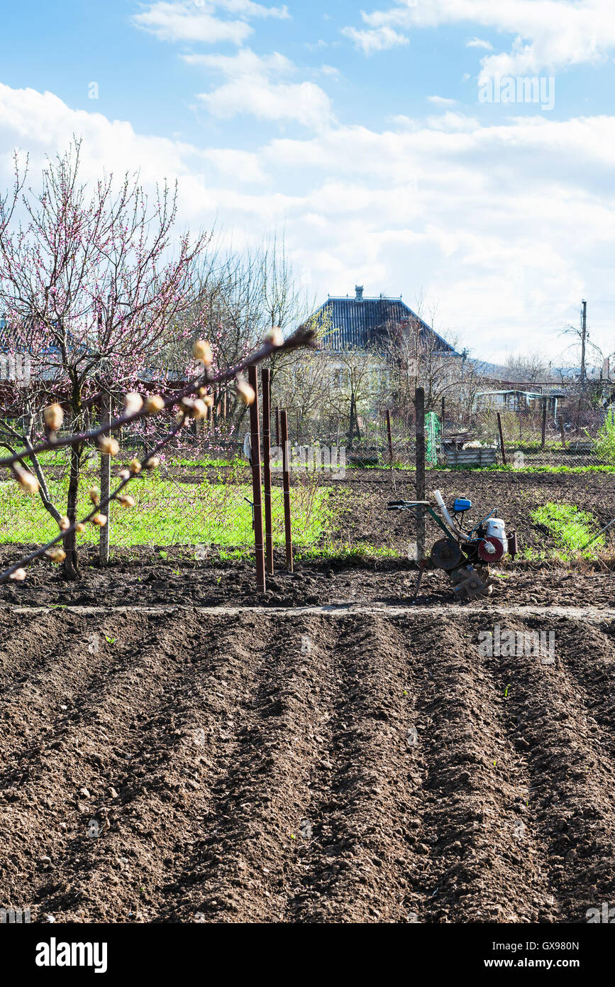 plough garden ground and tiller in village in spring Stock Photo - Alamy
