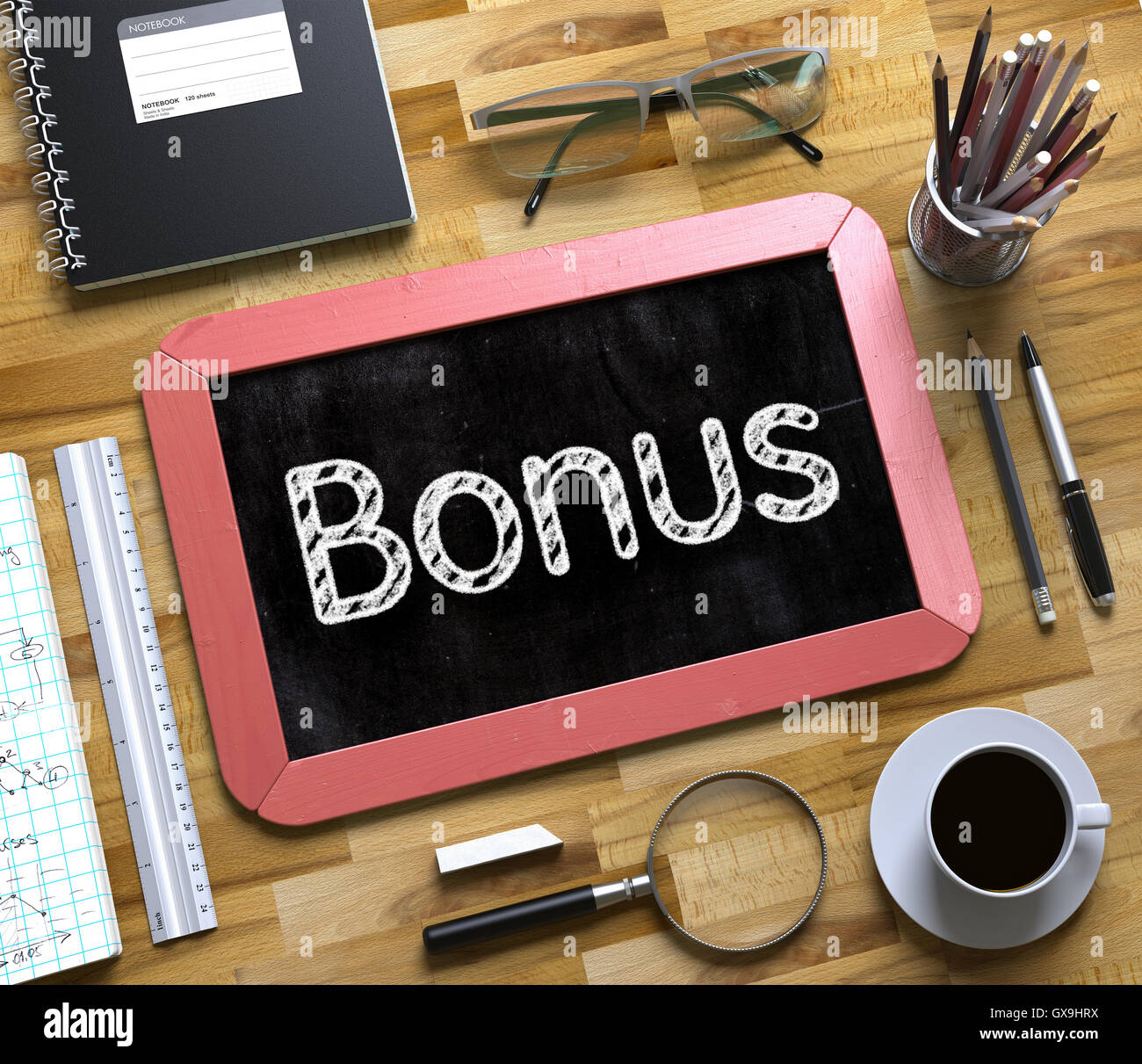 Bonus Concept on Small Chalkboard. 3D Illustration Stock Photo - Alamy