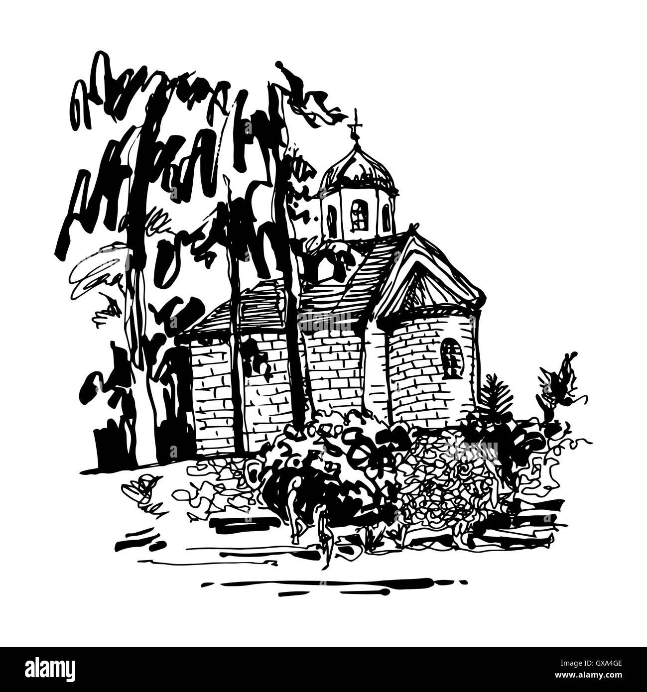 black and white hand drawing of Cetinje monastery - ancient capi Stock ...