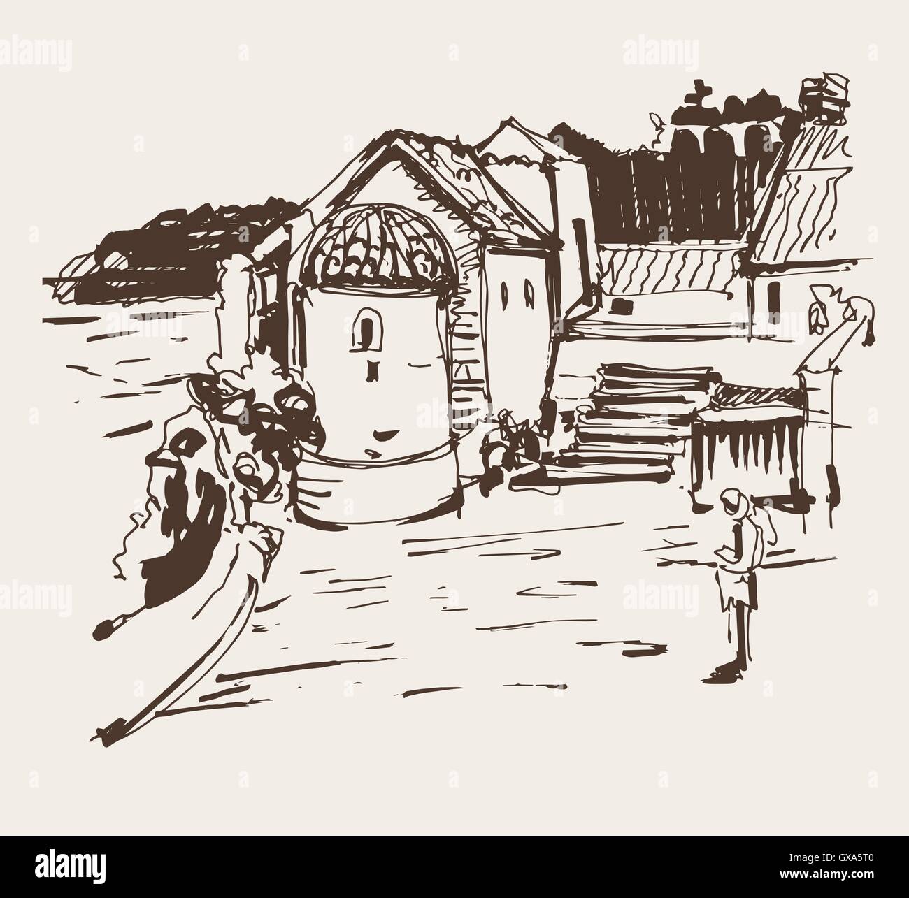sepia ink sketch drawing of historical tower in Budva Montenegro Stock ...