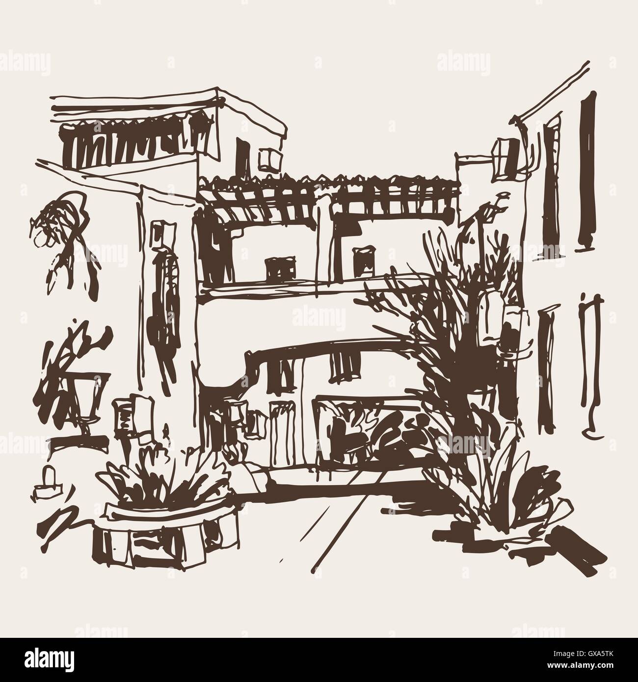 sketching of street in hotel complex Slovenska Plaza in Budva Ri Stock ...