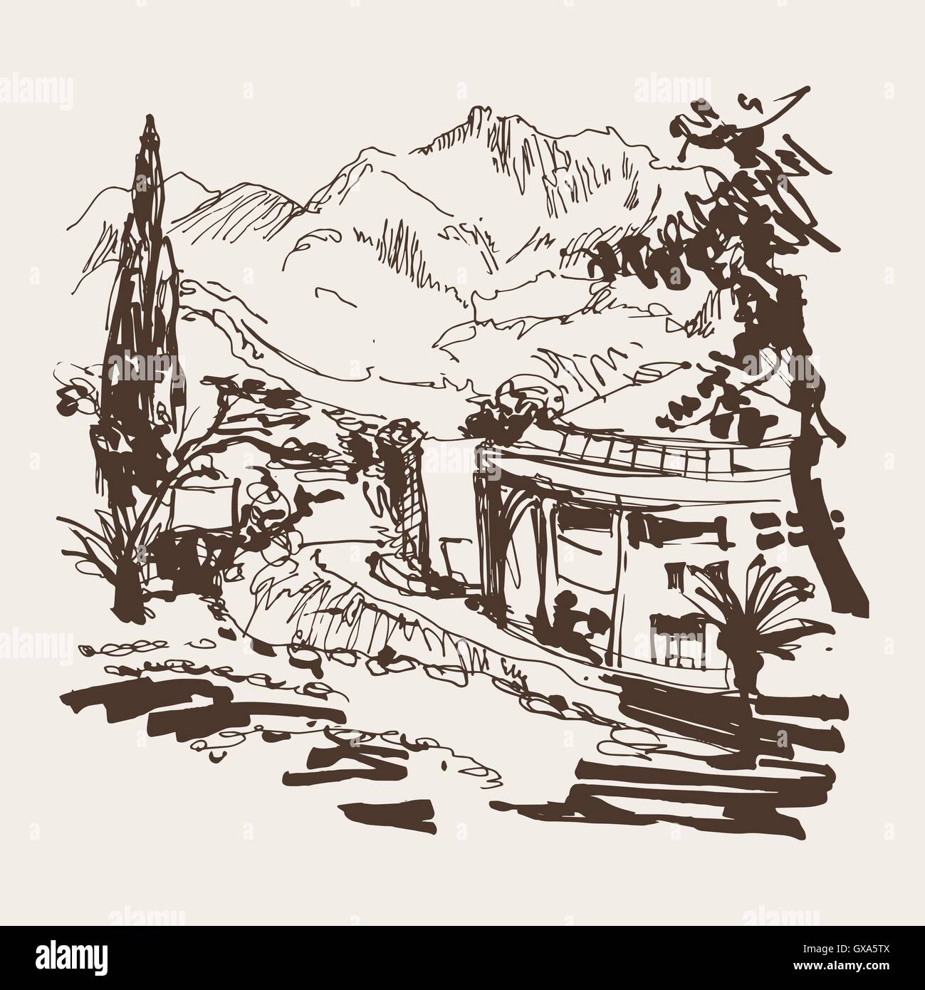 sketching of park alley view with trees cypress and mountain in Stock ...