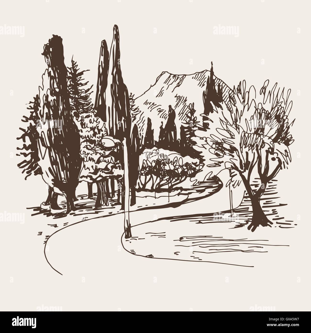 sketching of park alley view with trees cypress and mountain in Stock ...