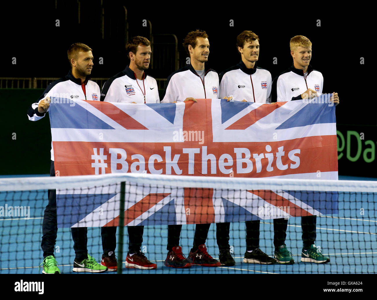 Great Britain Davis Cup team members (left-right) Dan Evans, Leon Smith ...