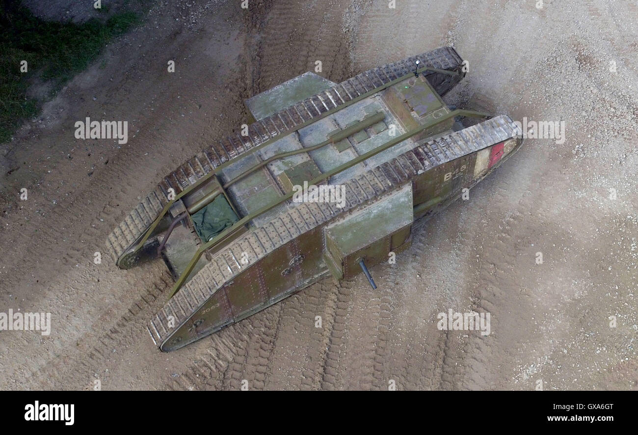 Aerial picture taken of a replica mark IV World War One tank at the ...