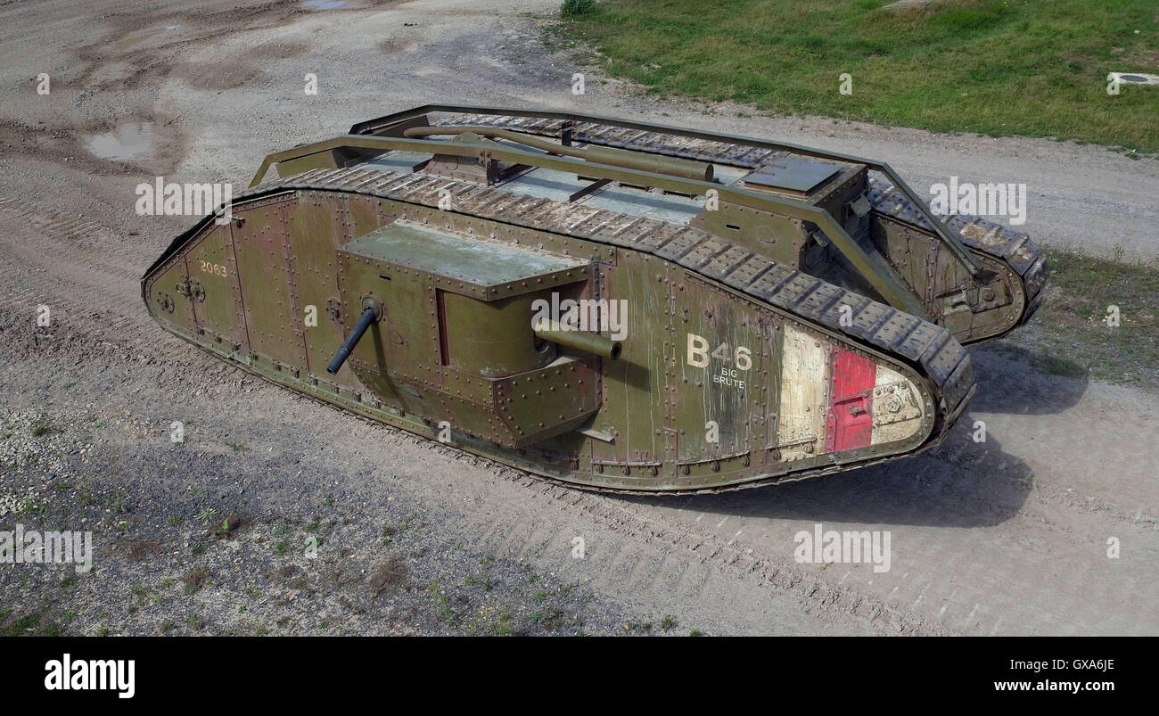 Aerial picture taken of a replica mark IV World War One tank at the ...