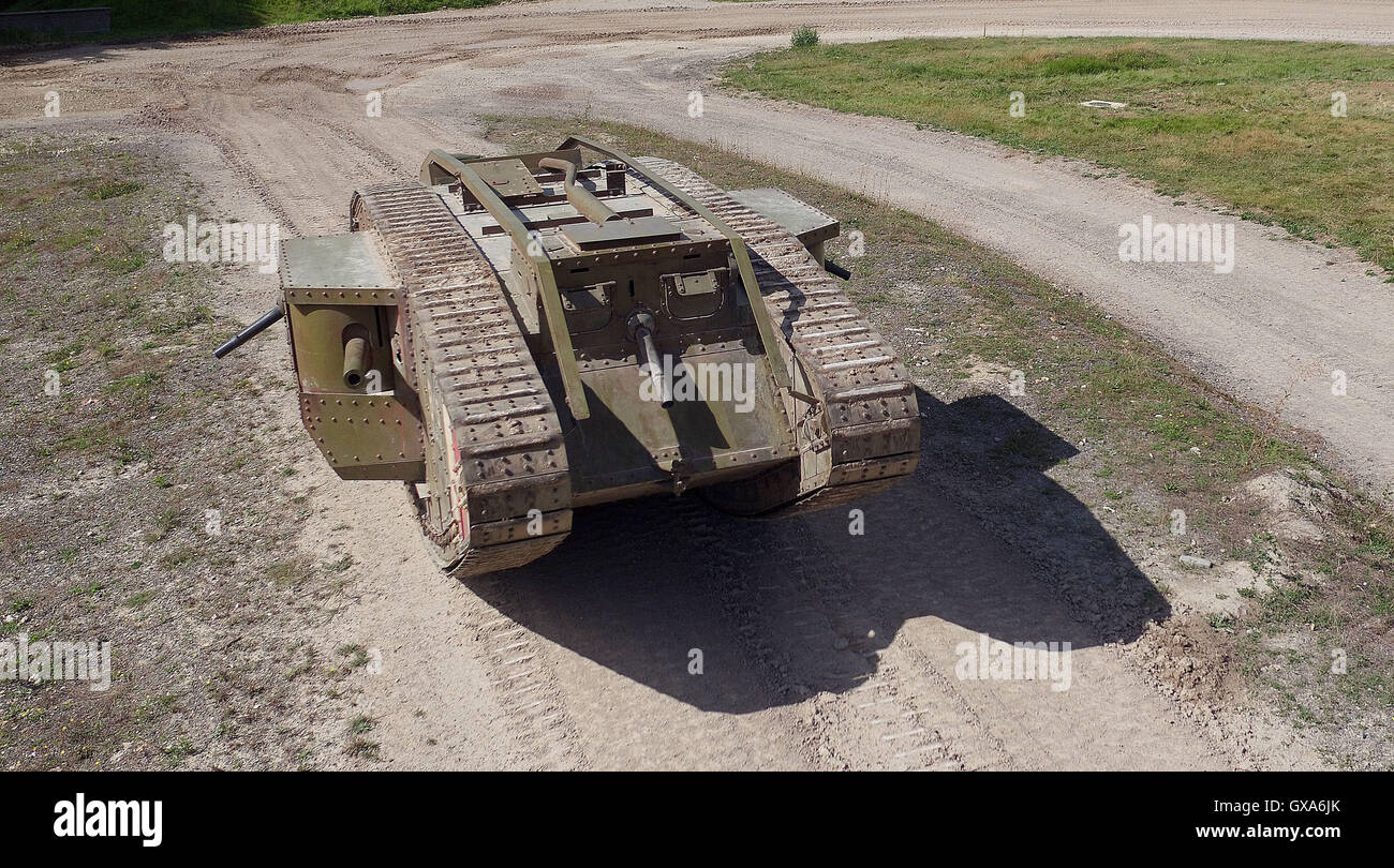 Aerial picture taken of a replica mark IV World War One tank at the ...