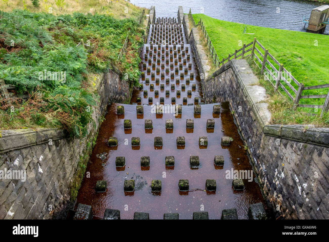 An overflow from one reservoir to another, the overflow has segments ...