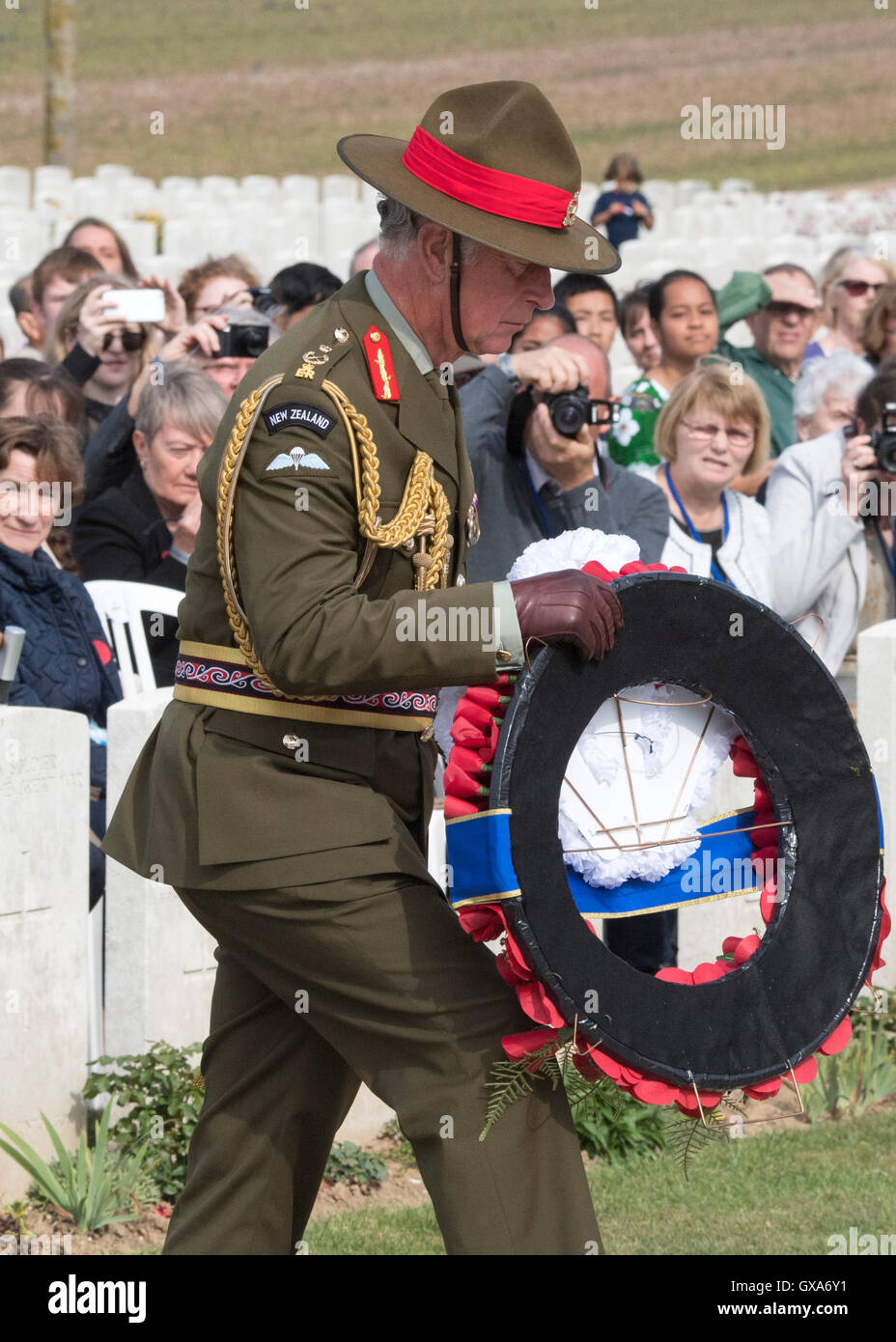 The Prince of Wales lays a wreath as he attends the New Zealand Somme ...