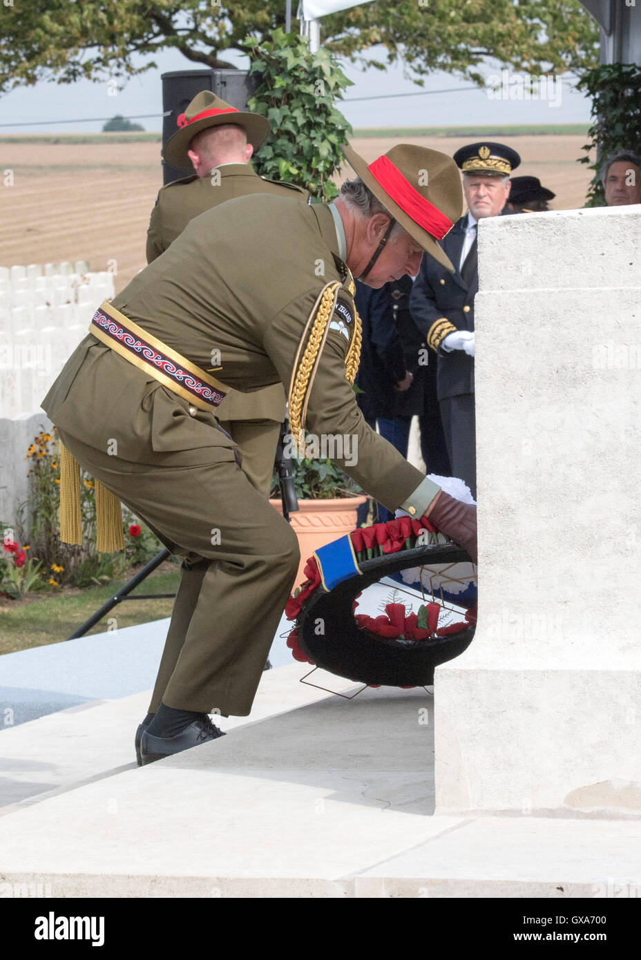 The Prince of Wales lays a wreath as he attends the New Zealand Somme ...